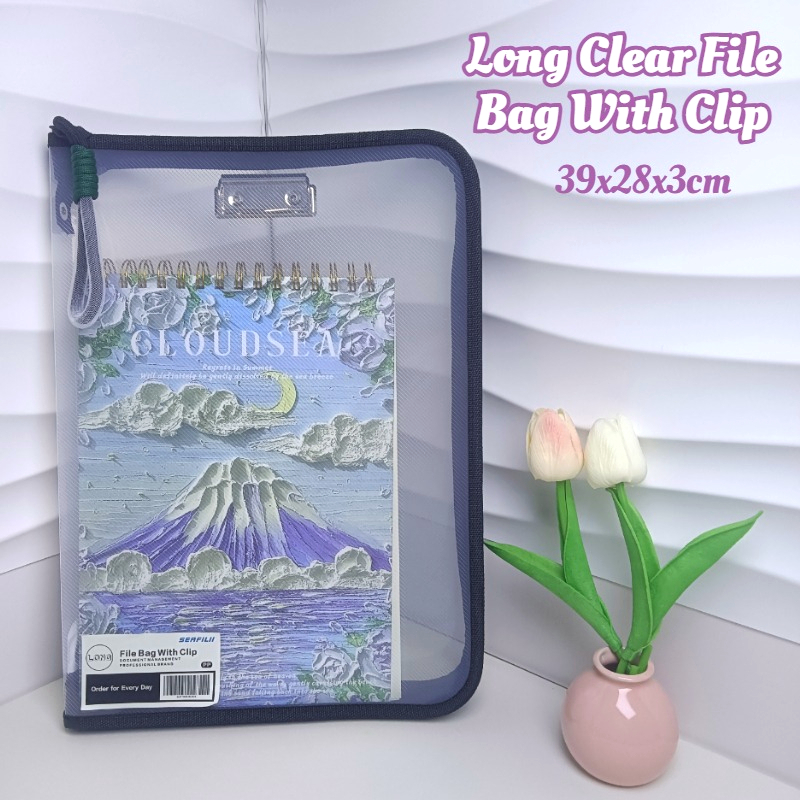 Long File Bag With Clip Clear Zipper Pouch Portable Clipboard With ...