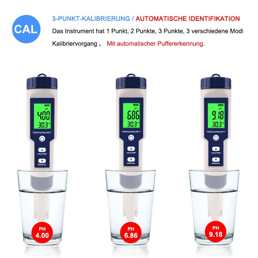 Reeopee 5 In 1 PH Meter Water Quality Tester PH/EC/TDS/Salinity/TEMP ...