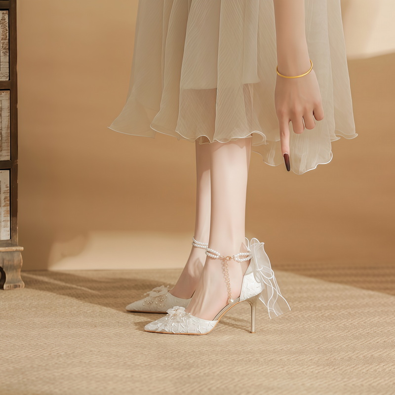 French Stiletto Heels Wedding Heels for Women Pearl String Bow Pointed ...