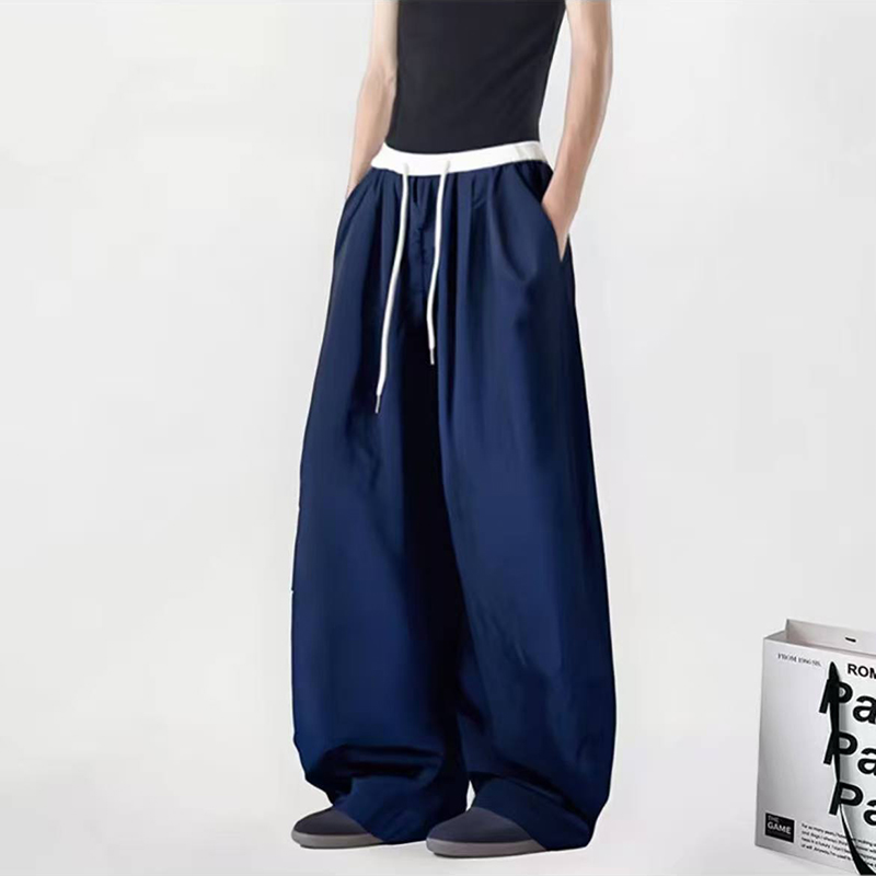 Men'sloose and lazy fashionable sports pants Navy blue baggy pants wide ...
