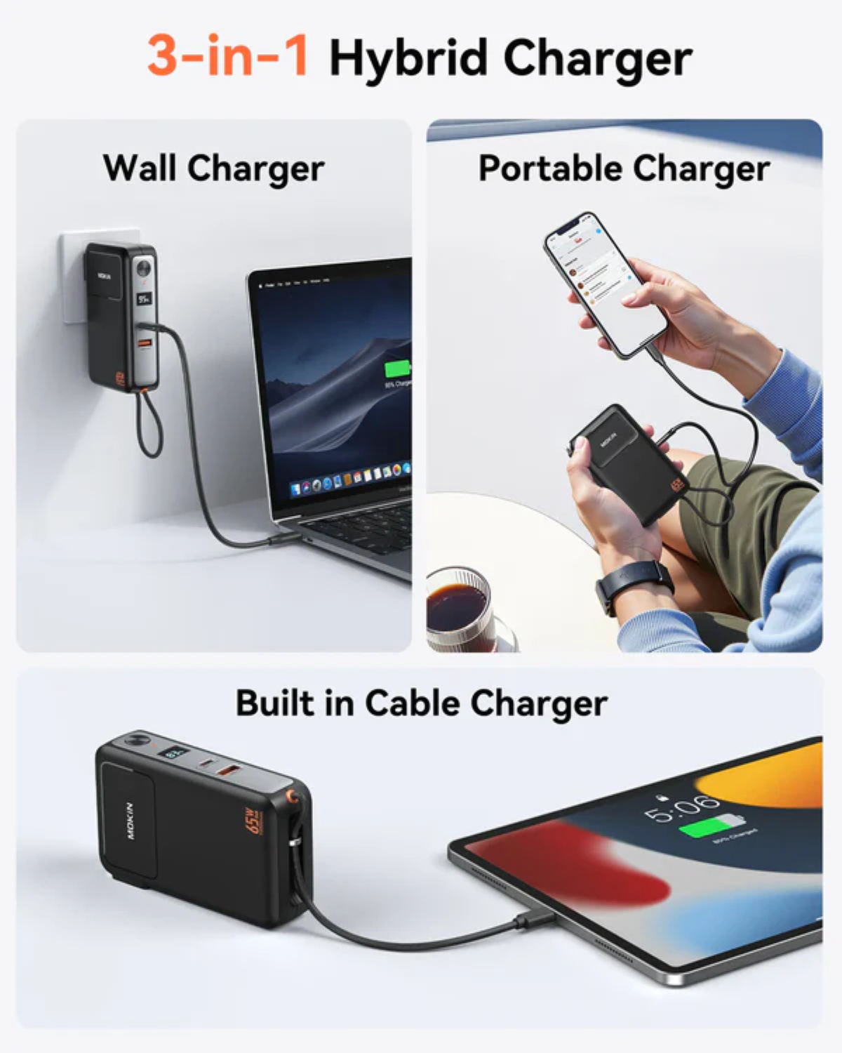 MOKiN Portable Charger with 10000mAh Power Bank (Built-in USB-C Cable ...