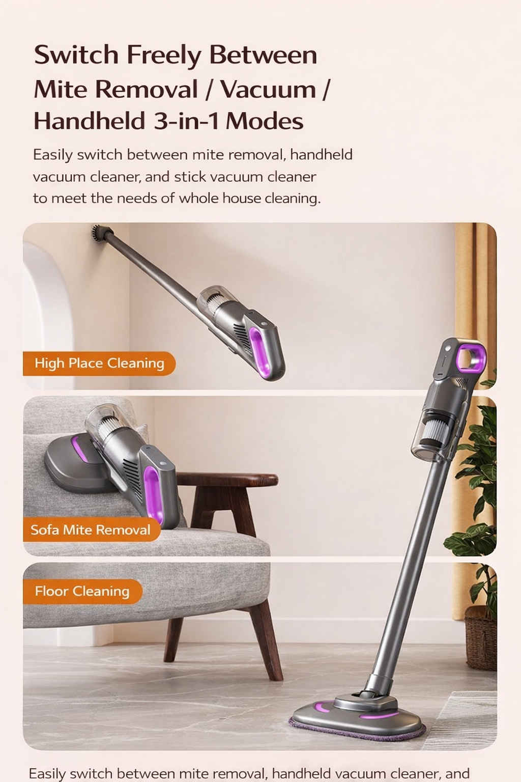 4 IN 1 Cordless Vacuum Cleaner 468000pa Strong Dust Mite Vacuum Cleane ...