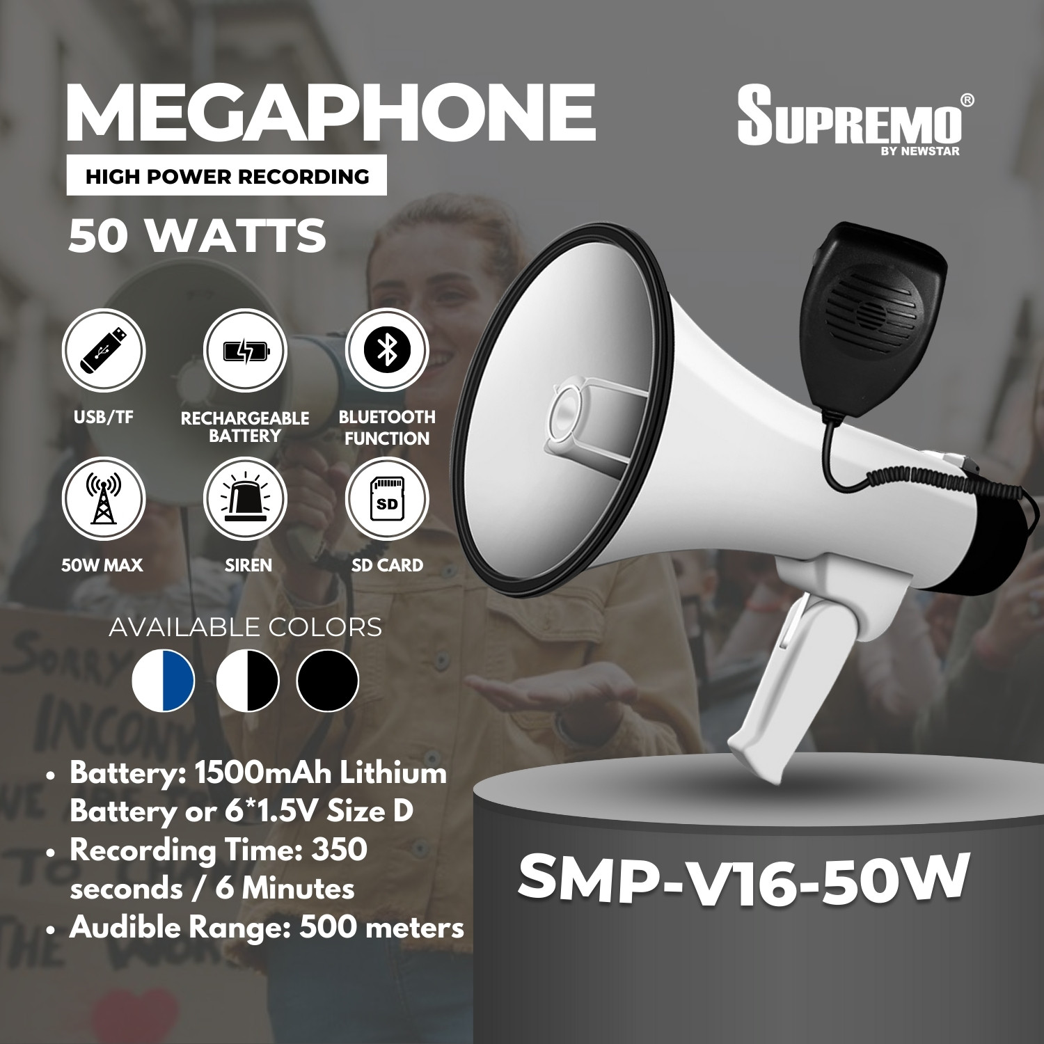 Supremo High Power Handheld Megaphone with Microphone 50Watts SMP-V16 ...