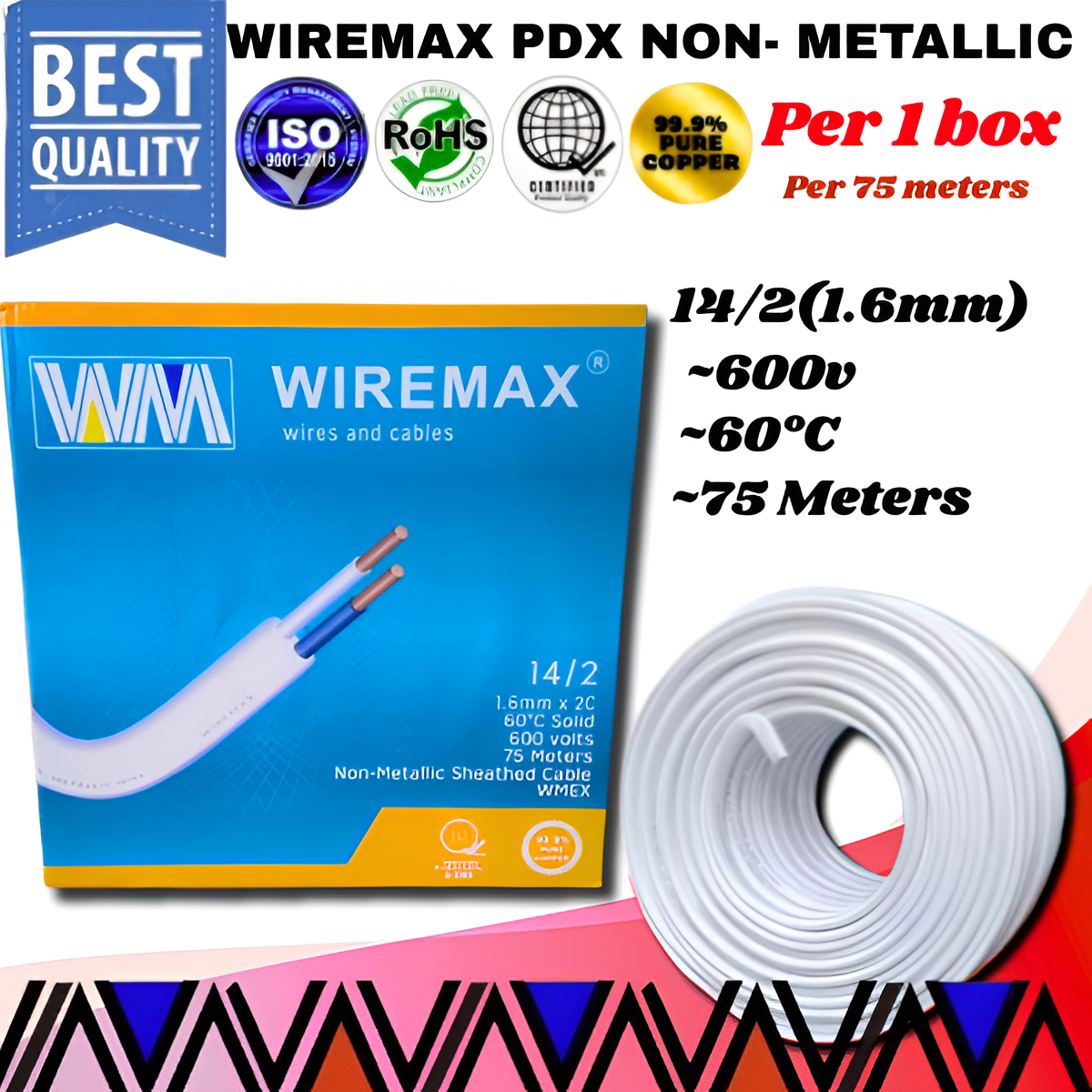 WIREMAX PDX NON METALLIC SOLID TWIN WIRE 14/2 (1.6mm/2C) 75 METER 100% ...