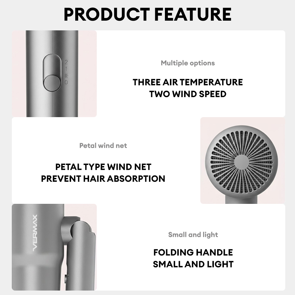 Vermax Hair Dryer Foldable Blower Negative Ionic Care, Fast Dry 3-Temps ...