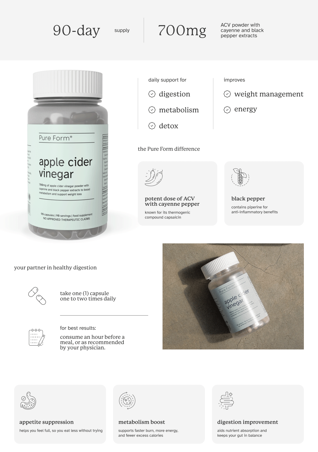 Pure Form® Apple Cider Vinegar | 700mg of ACV Powder w/ Cayenne & Black ...