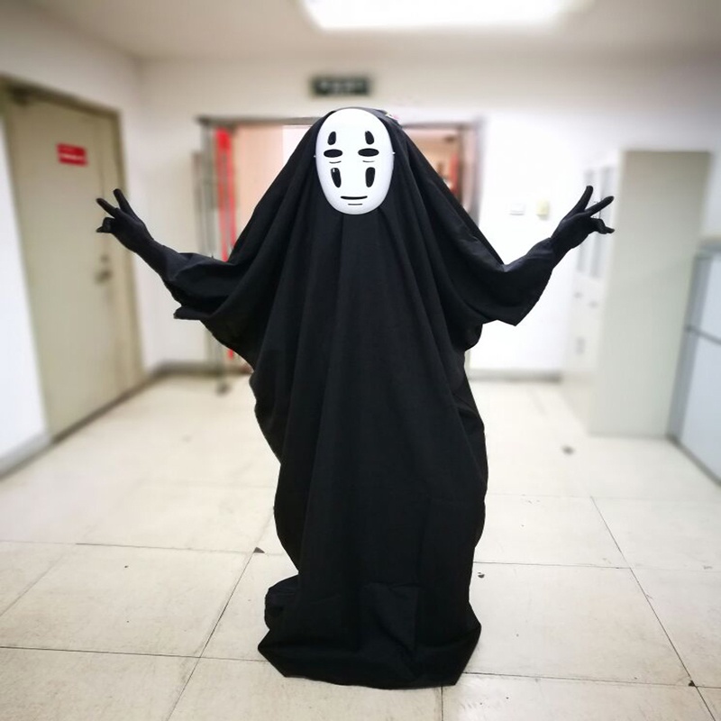 Black No Face Man Cosplay Costume Hooded Robe Mask Gloves Halloween ...