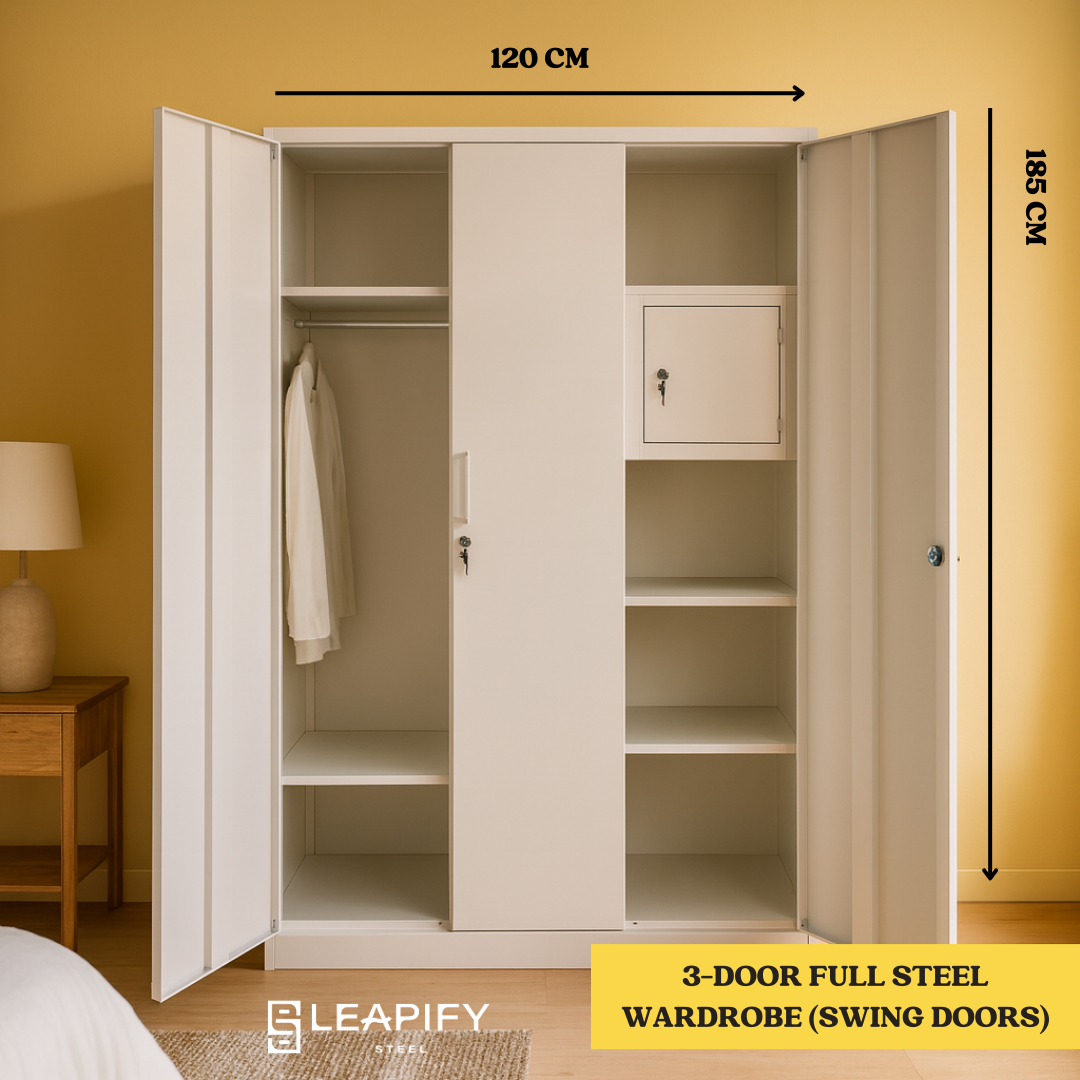 HANNAH | Full Steel 3-door Swing Wardrobe - with Hanging Rod and Mini ...