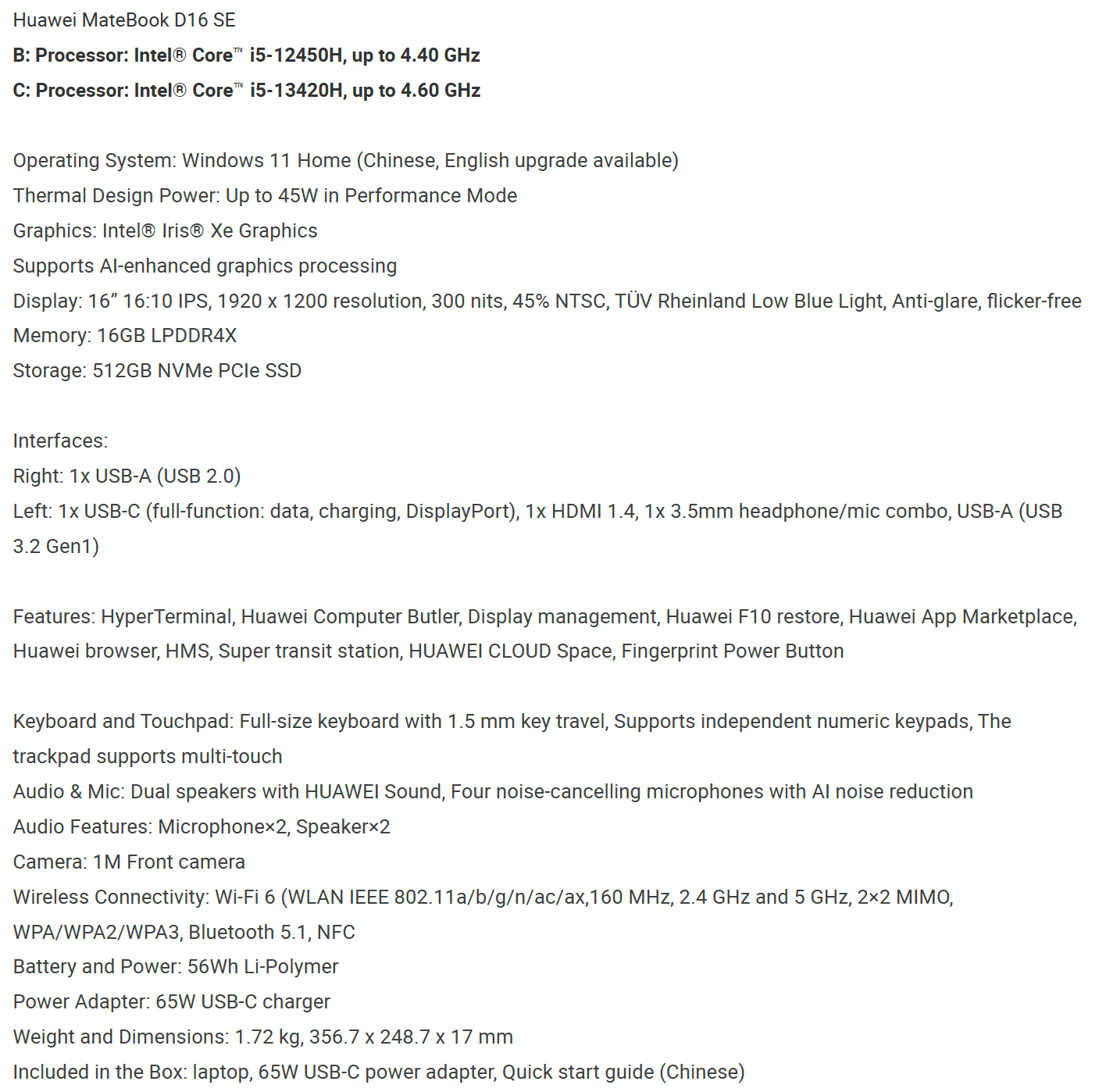 Huawei MateBook D16/SE Intel Core i5/i7/i9 13th Gen 16" FHD Intel Xe ...