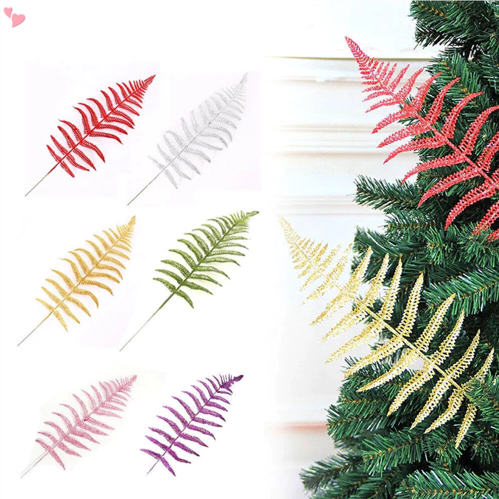 Christmas Tree Pick Leaves Ornaments 10pcs Glitter Artificial Fern Xmas ...
