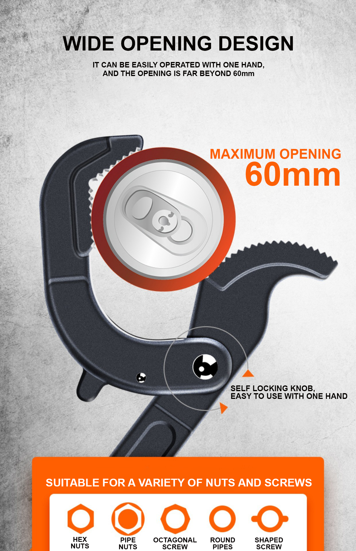 14-60mm Adjustable Wrench Large opening Wrench Heavy duty pipe wrench ...