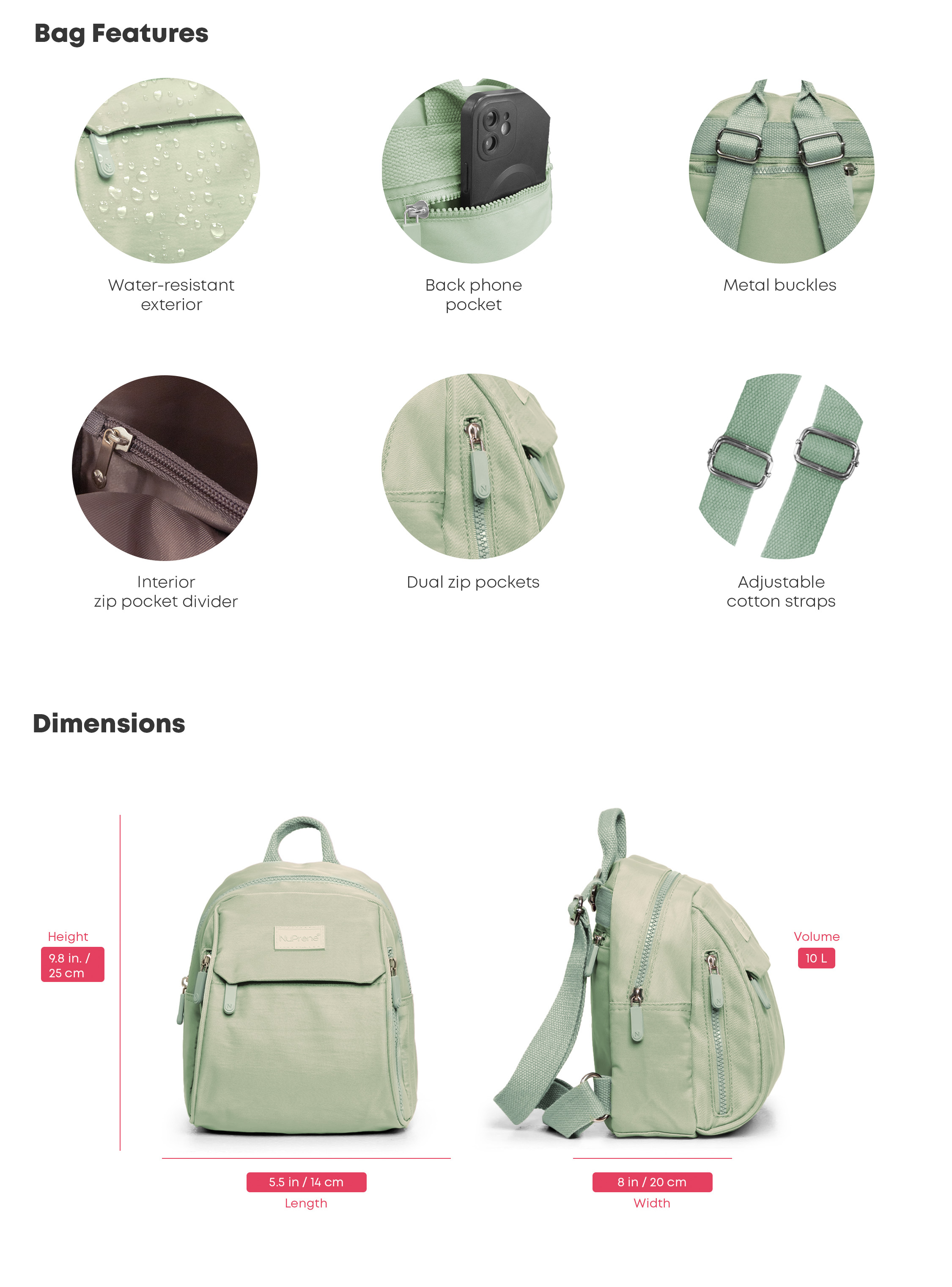 NuPrene - The Raya Mini Backpack - Water-Resistant Backpack in Mint ...
