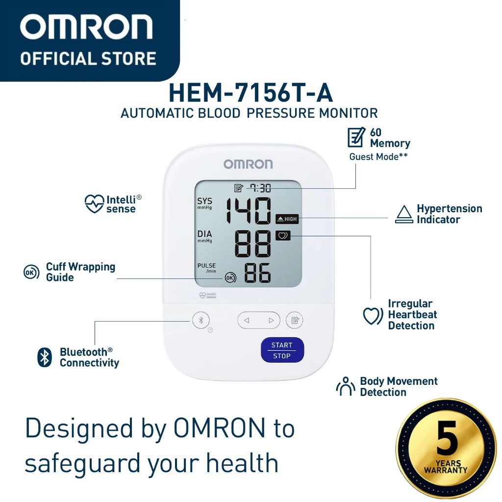 Omron HEM-7156T-A Automatic Upper Arm Blood Pressure Monitor BPM Digital w/ Bluetooth ...