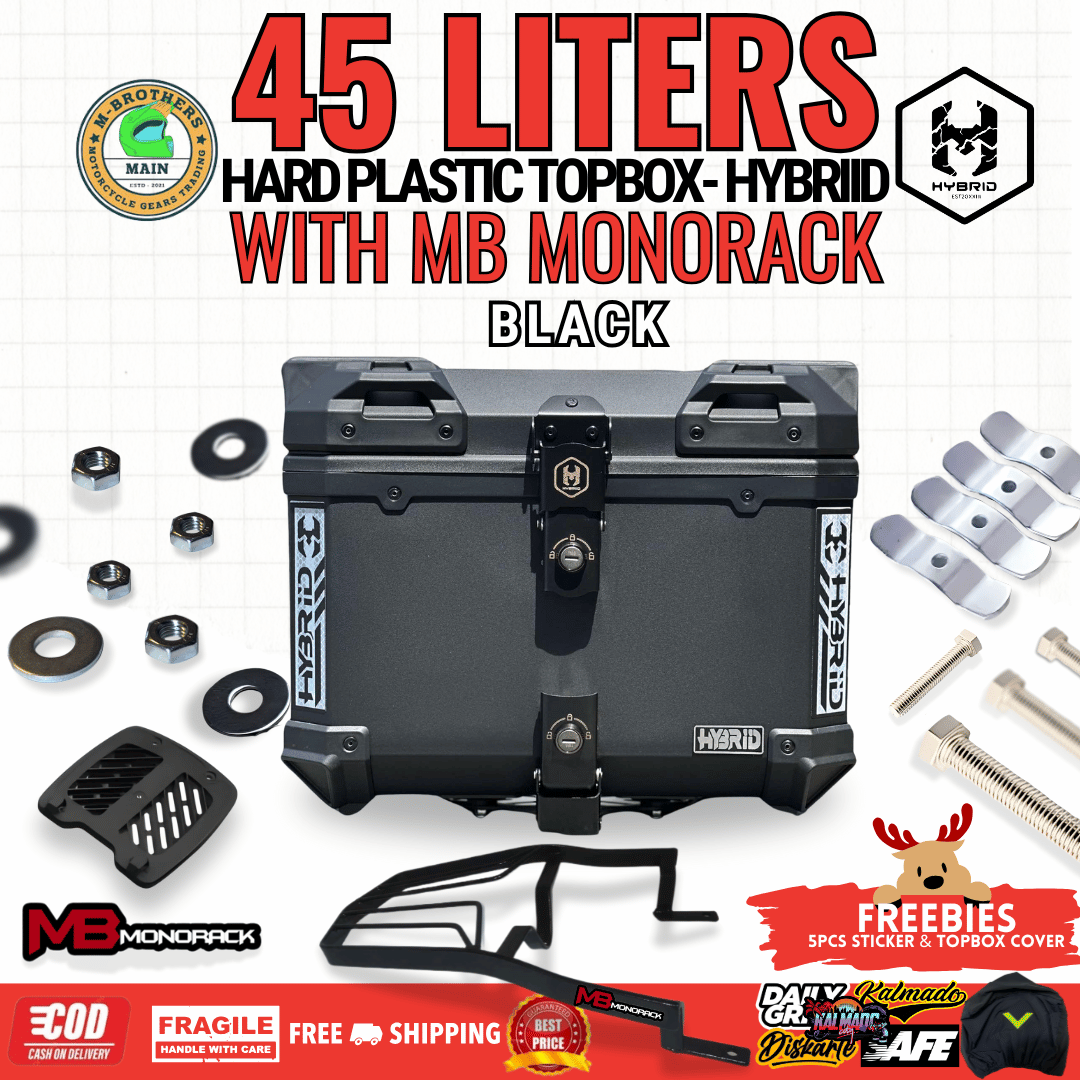 Set Black Hybriid Dura 45 Liters Hard Plastic Top Box Helmet ...