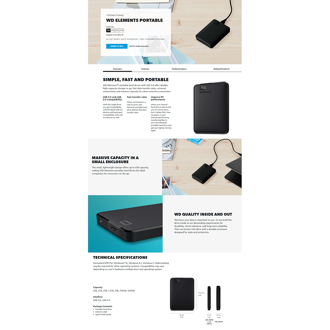 WD Elements Portable 1TB 2TB External Hard Drive For Mac and Windows Portable USB 3.0 External ...