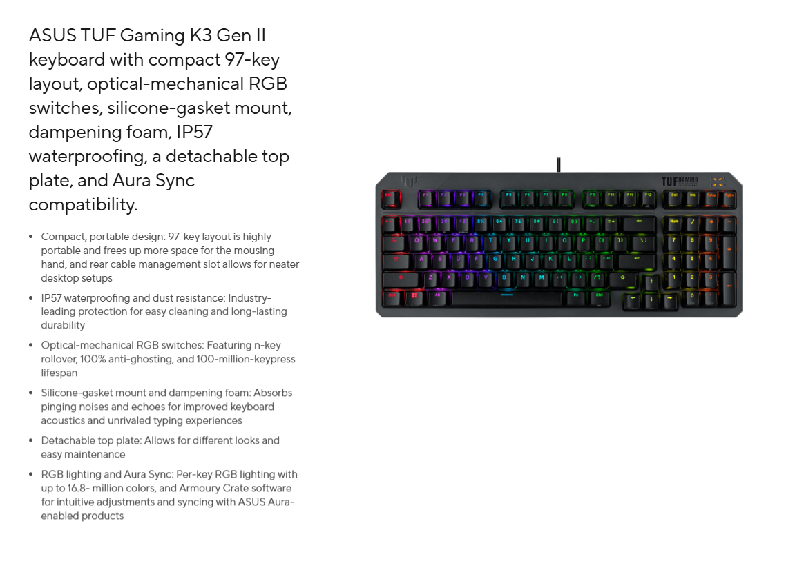 ASUS TUF Gaming K3 Gen II Mechanical RGB keyboard with compact 97-key ...