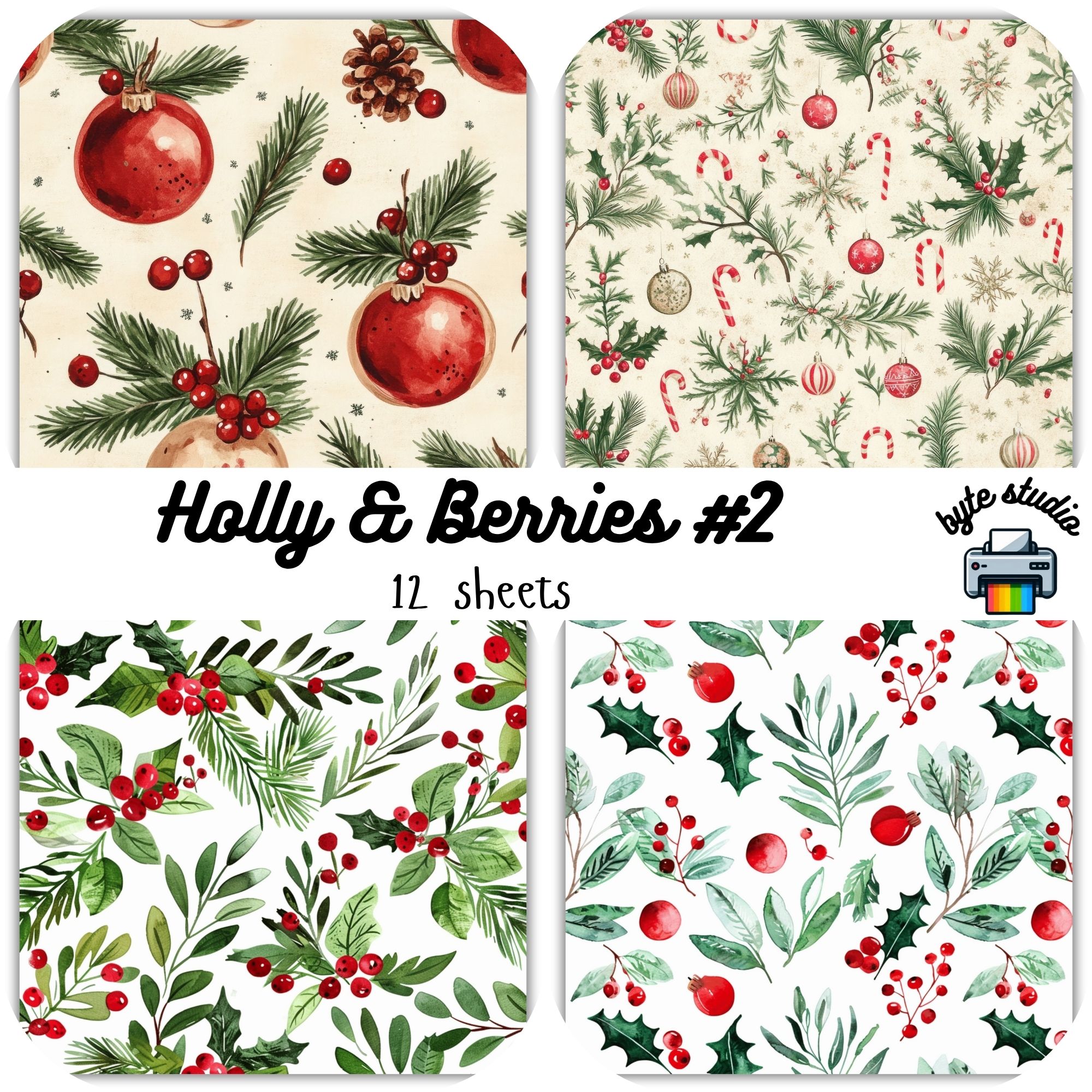 12 Sheets Holly & Berries #2 by byte studio | Cardstock Craft Paper ...