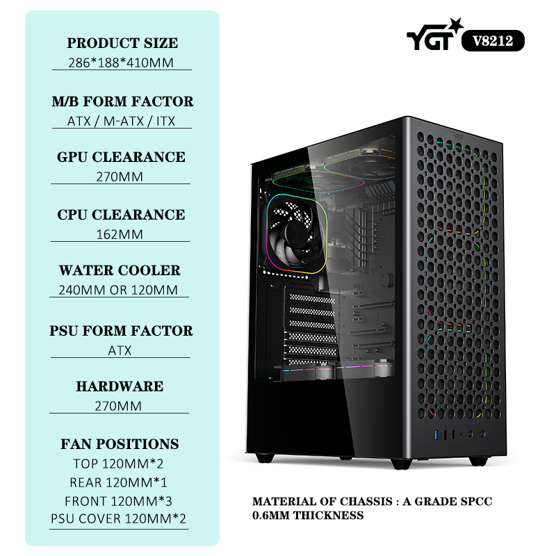 YGT V8212 Desktop ATX pc Case Mesh panel Side window silent home/office ...