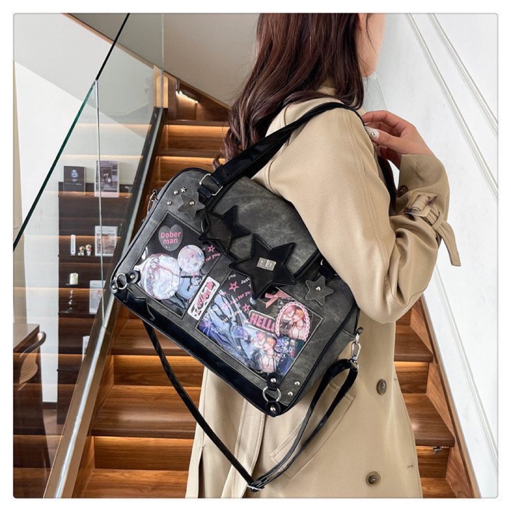 Double star Ita bag leather Y2K punk rock Japanese fashion Otaku Kpop ...