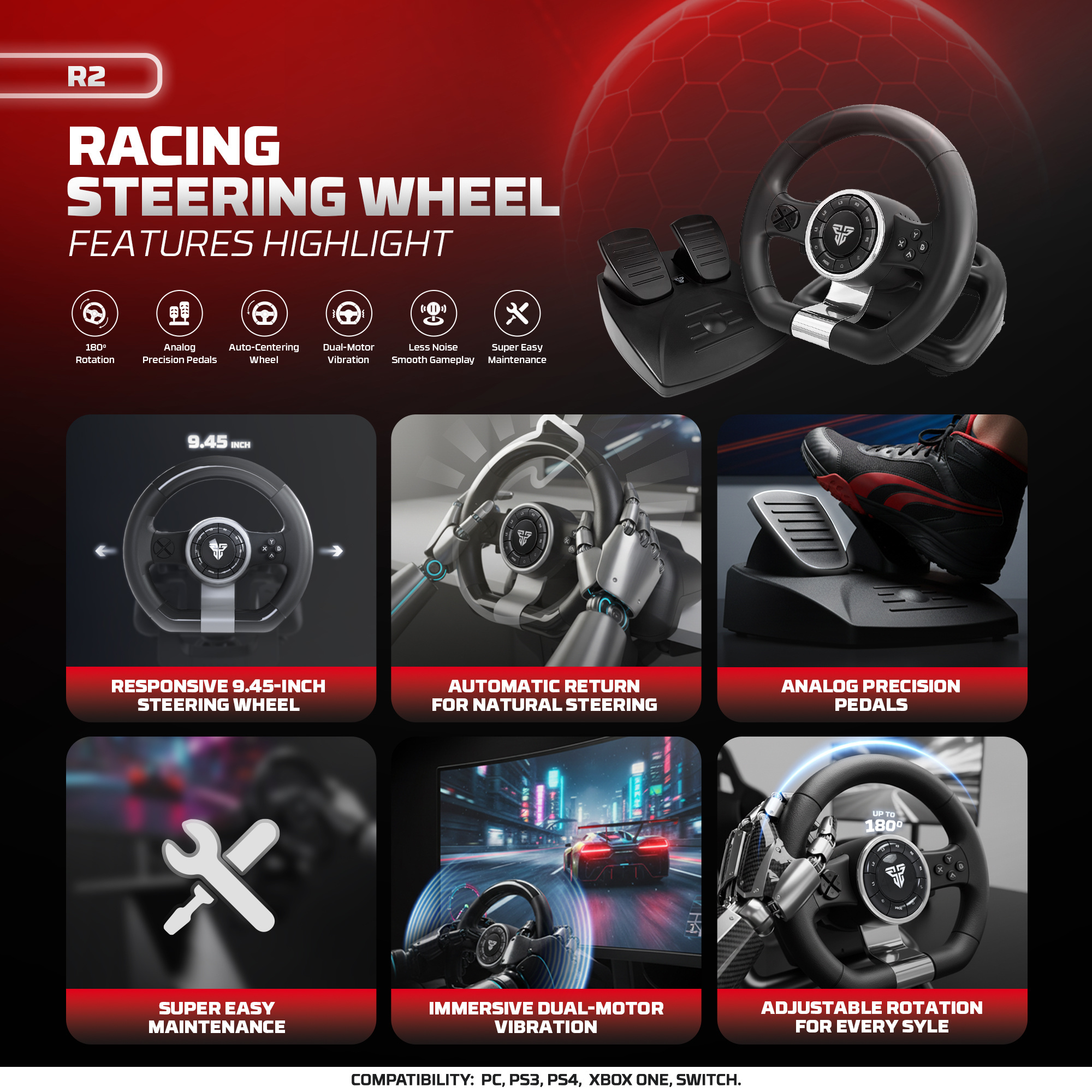 Fantech R2 Racing Steering Wheel Dual Motor Vibration PC Driving Wheel ...