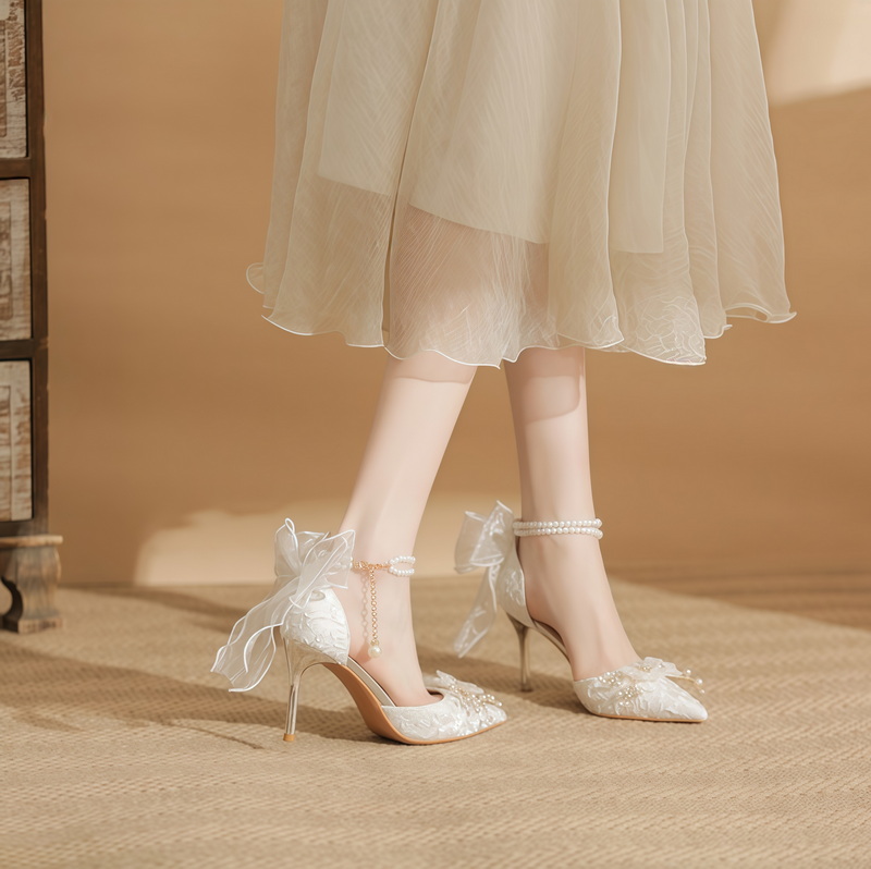 French Stiletto Heels Wedding Heels for Women Pearl String Bow Pointed ...