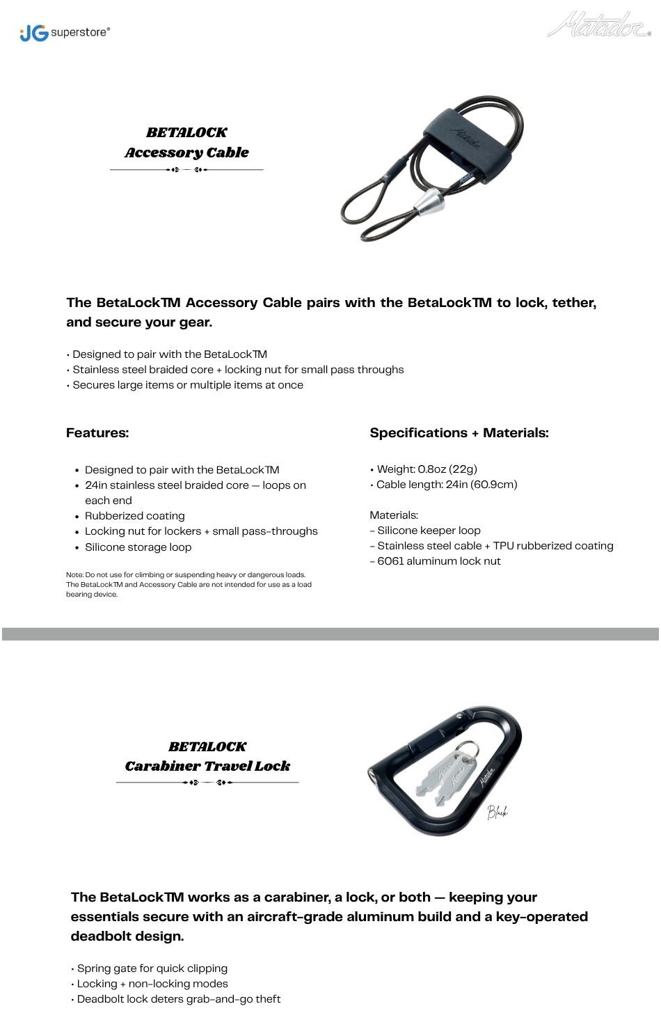 Matador BetaLock Aircraft Grade Carabiner and Accessory Cable with Lock ...