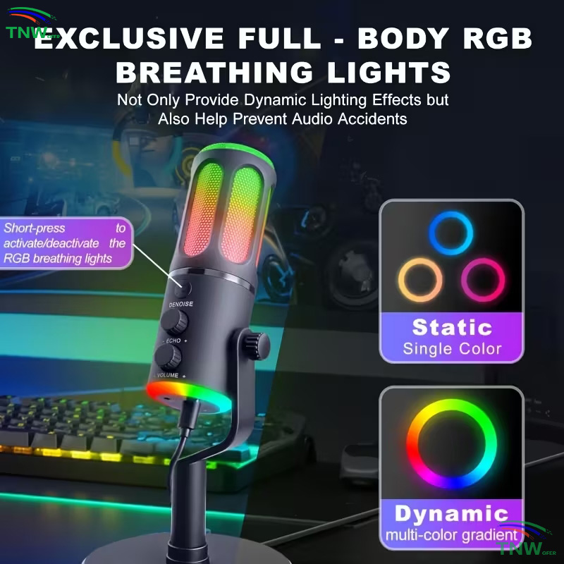 TNW𝗚𝗙𝗘𝗥 RGB USB Condenser Gaming Microphone with Noise Reduction for PC ...