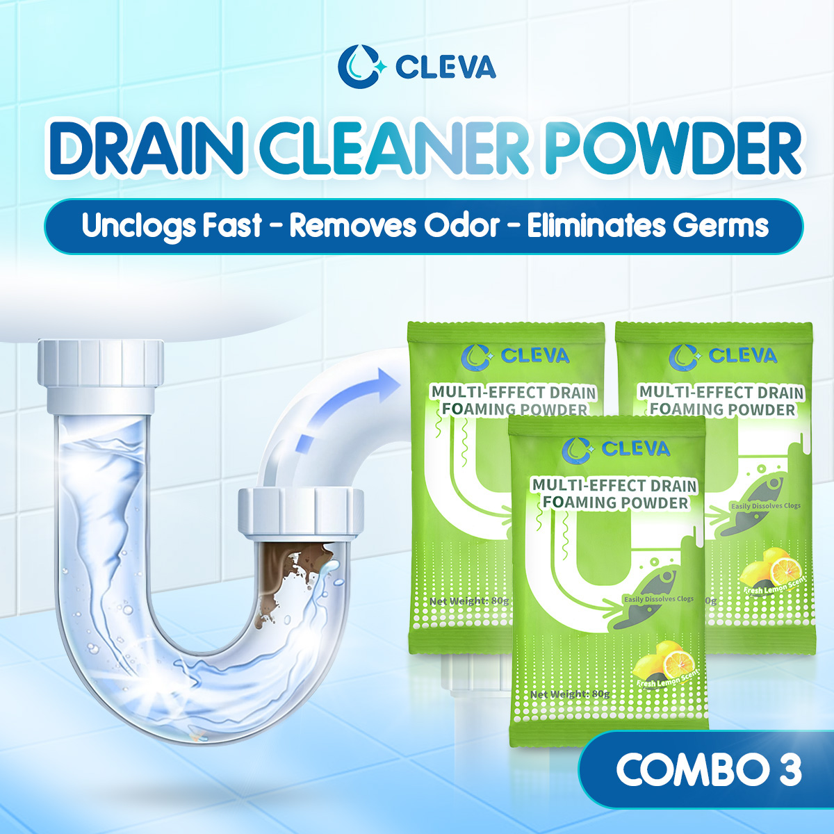 COMBO 3 CLEVA Drainage Clog Remover Powder Declogging Toilet, Sink and ...