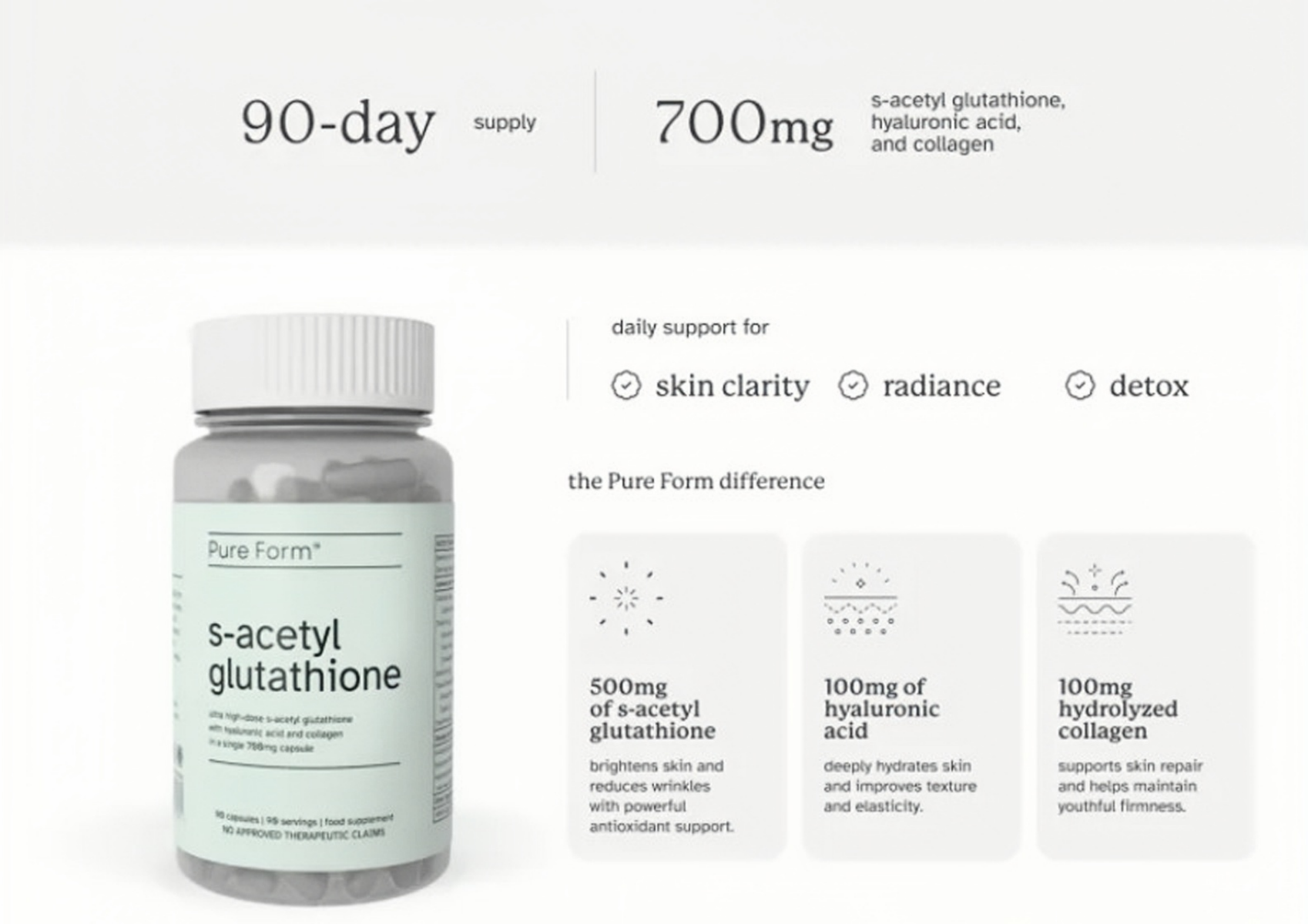 Pure Form S-Acetyl Glutathione 90Capsules Skin Whitening 700mg of Gluta ...