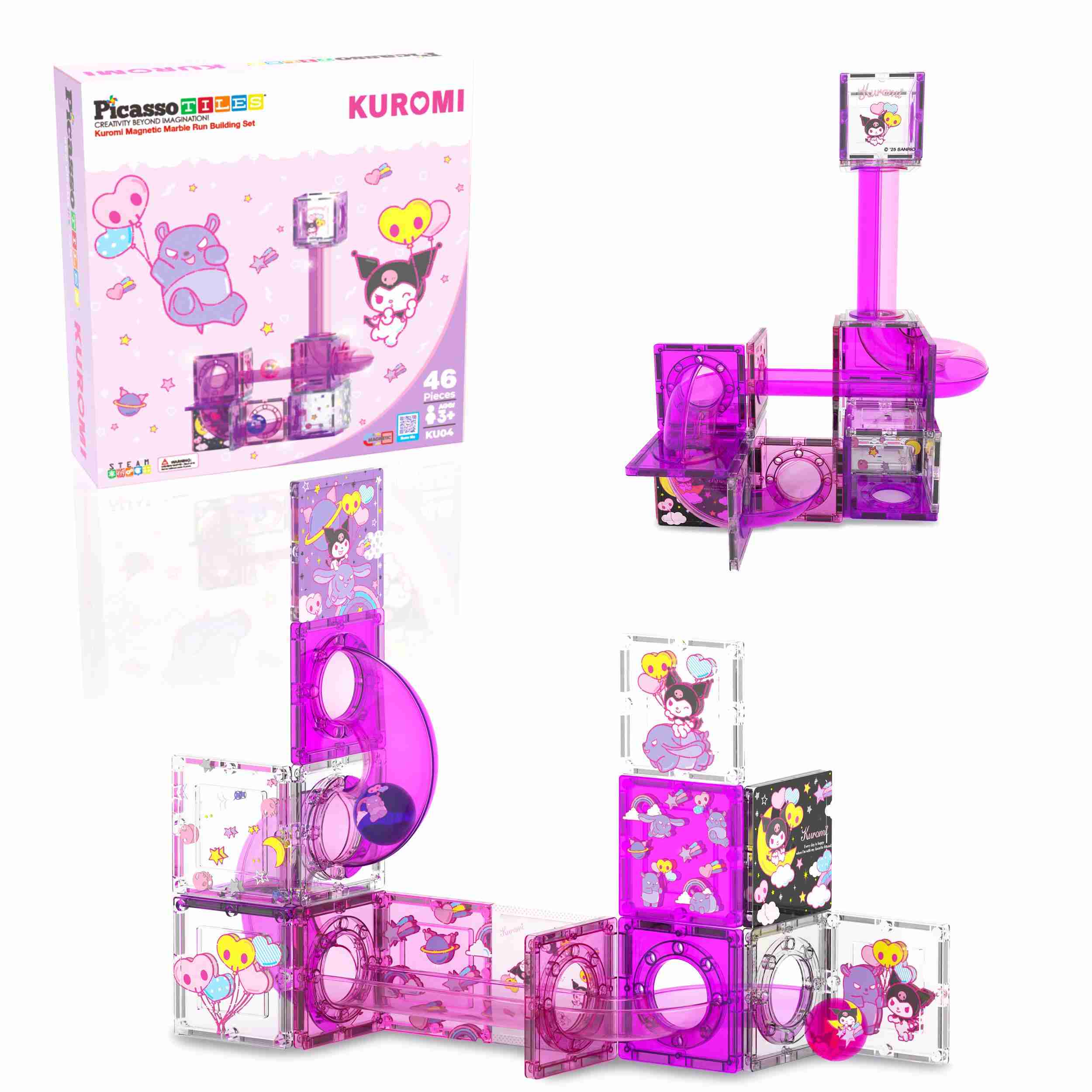 Kuromi Picasso Tiles Marble Run 46 pieces Magnetic Tiles for Kids Ages ...
