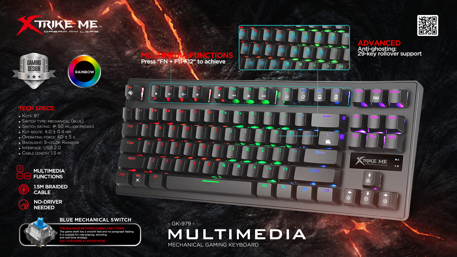 Xtrike Me GK-979 TKL Wired Mechanical Keyboard (Black) - Blue Switch ...