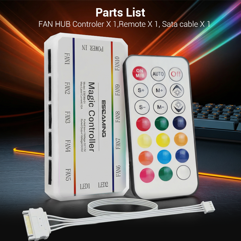 ESGAMING 6PIN CPU Fan RGB Controller Remote Control 10 Fan Ports Hub PC ...