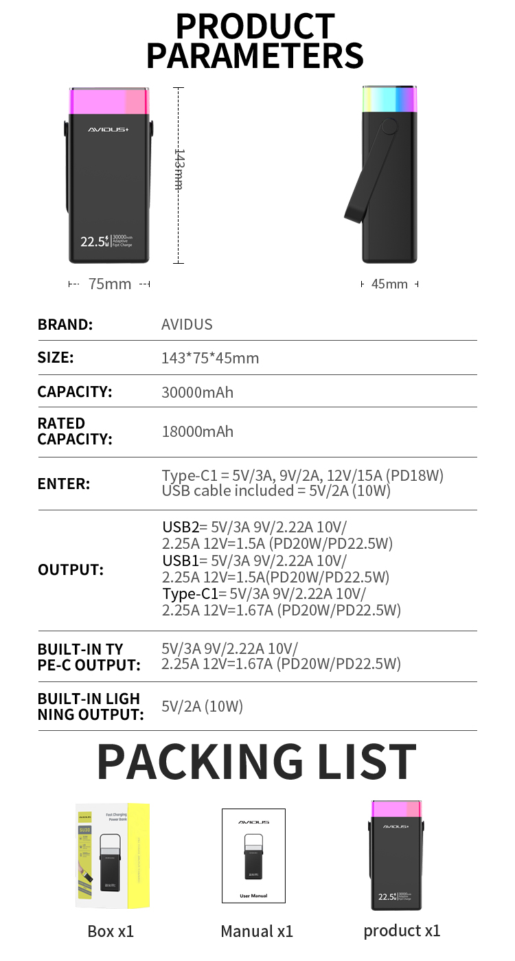 AVIDUS SU30 30000mAh 22.5W Built-in Cable Outdoor Power 5 Out 2 In Type ...