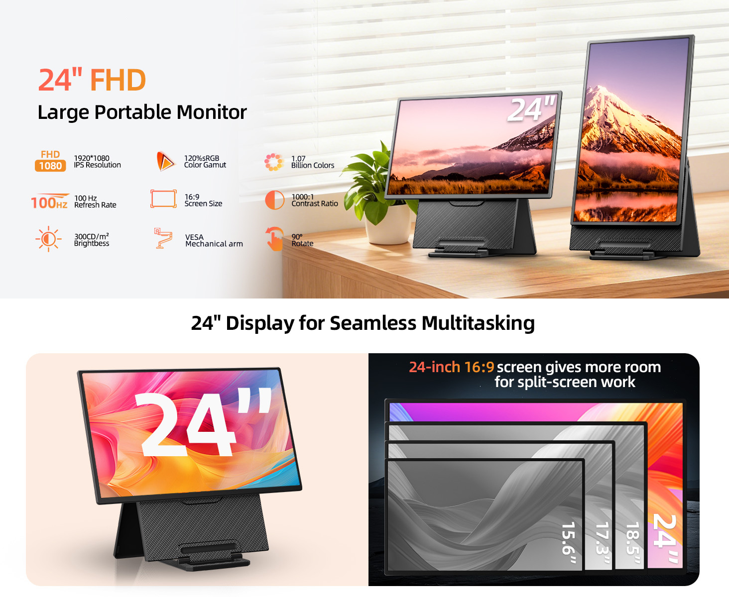 23.8inch Portable Monitor FHD 1080P 100Hz Office Gaming Laptop Screen ...