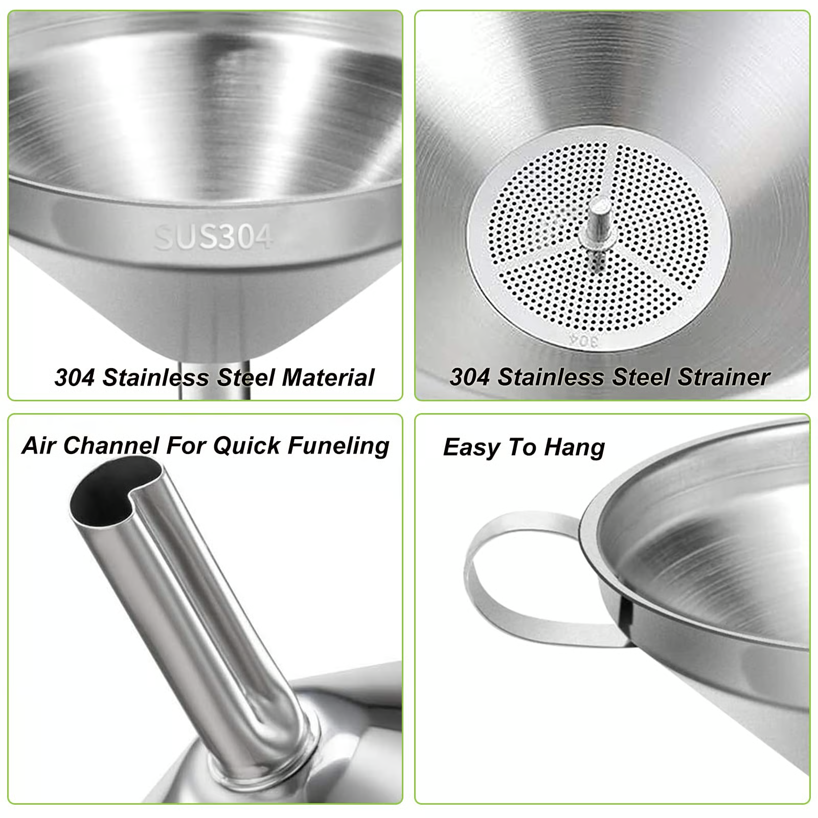 304 Heavy-Duty Stainless Steel Funnel with Detachable Filter Wide Mouth ...