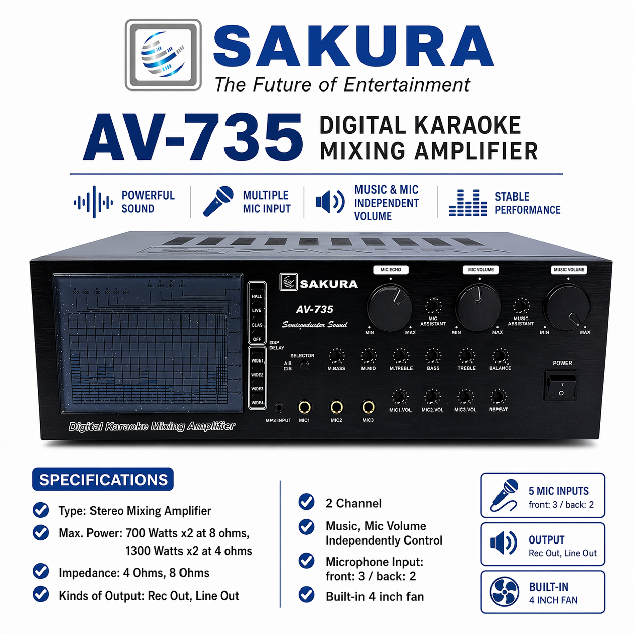Original Sakura Amplifier AV-735 700W X2 Karaoke Mixing Amplifier ...
