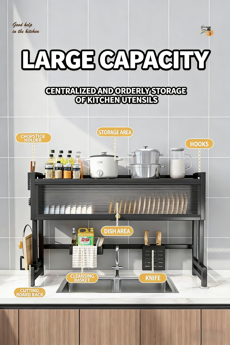 Kitchen Sink Dish Cabinet Rack Dustproof Double Layer Bowl Plate ...