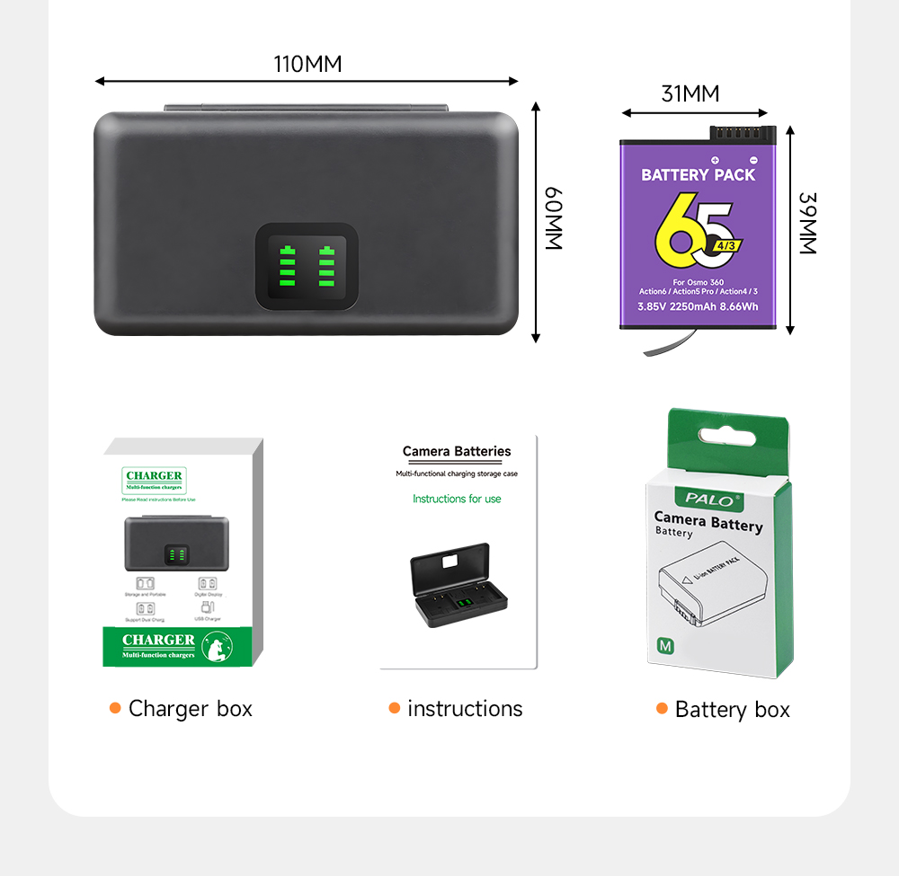 PALO DJI Osmo Action 6/5 Pro/4/3 Battery 2250mah+Charger Battery for ...