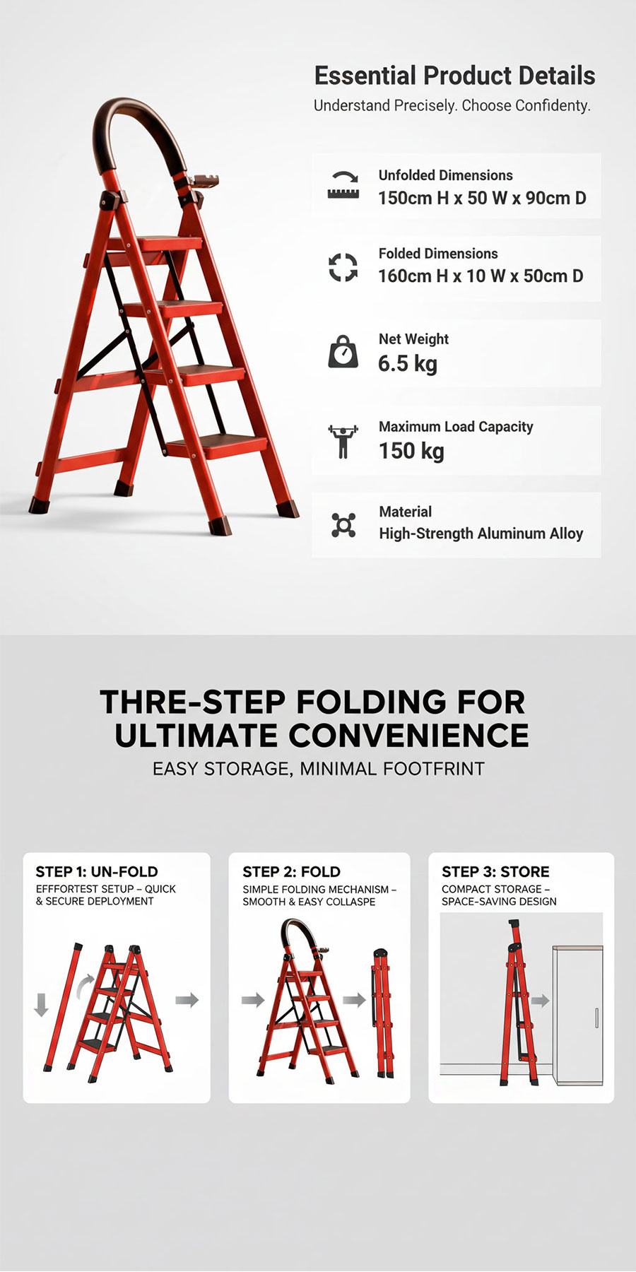 Folding Ladder 3-8 Steps, Anti-Slip Wide Pedal,Heavy Duty 400kg Load ...