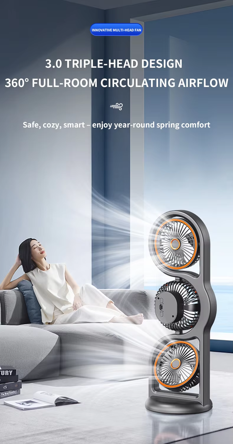 Three-head Circulation Fan With Night Light 360° Silent Timer Fan ...