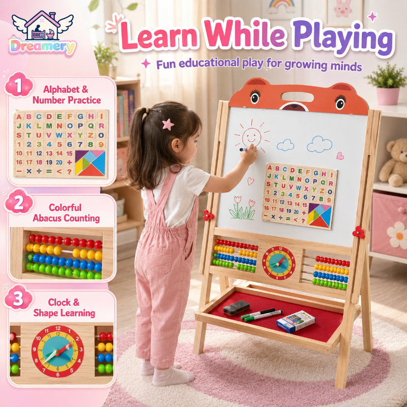 Kids Drawing Board Adjustable Wooden Easel Whiteboard Educational ...