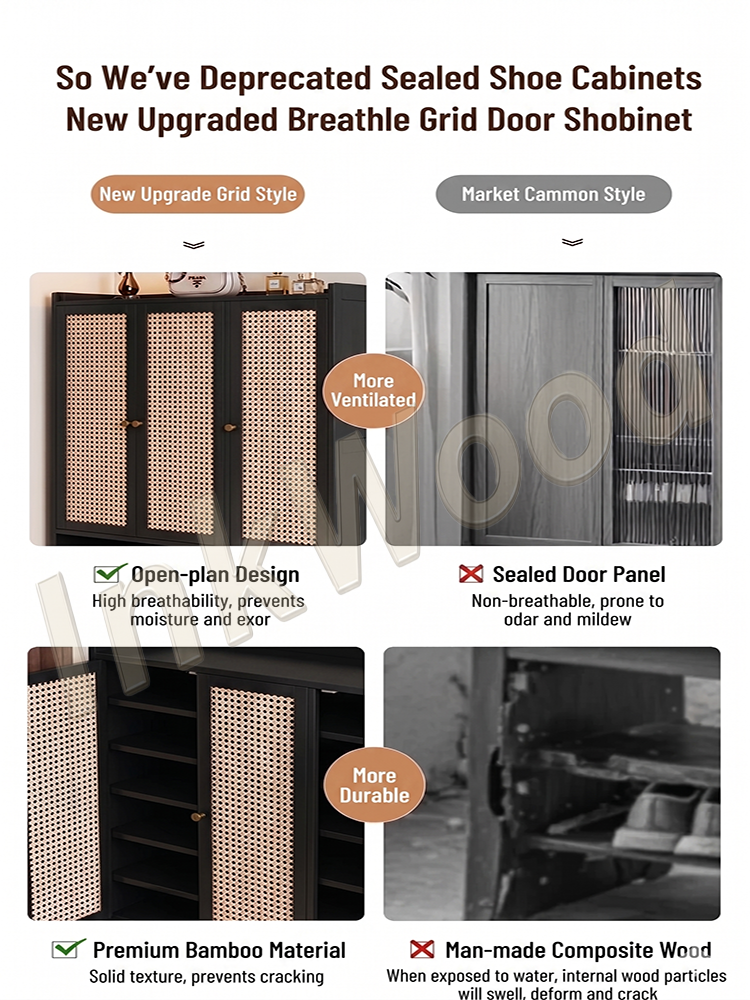 【WITH FREEBIE】Bamboo Shoe Rack Organizer Cabinet Breathable Rattan Door ...