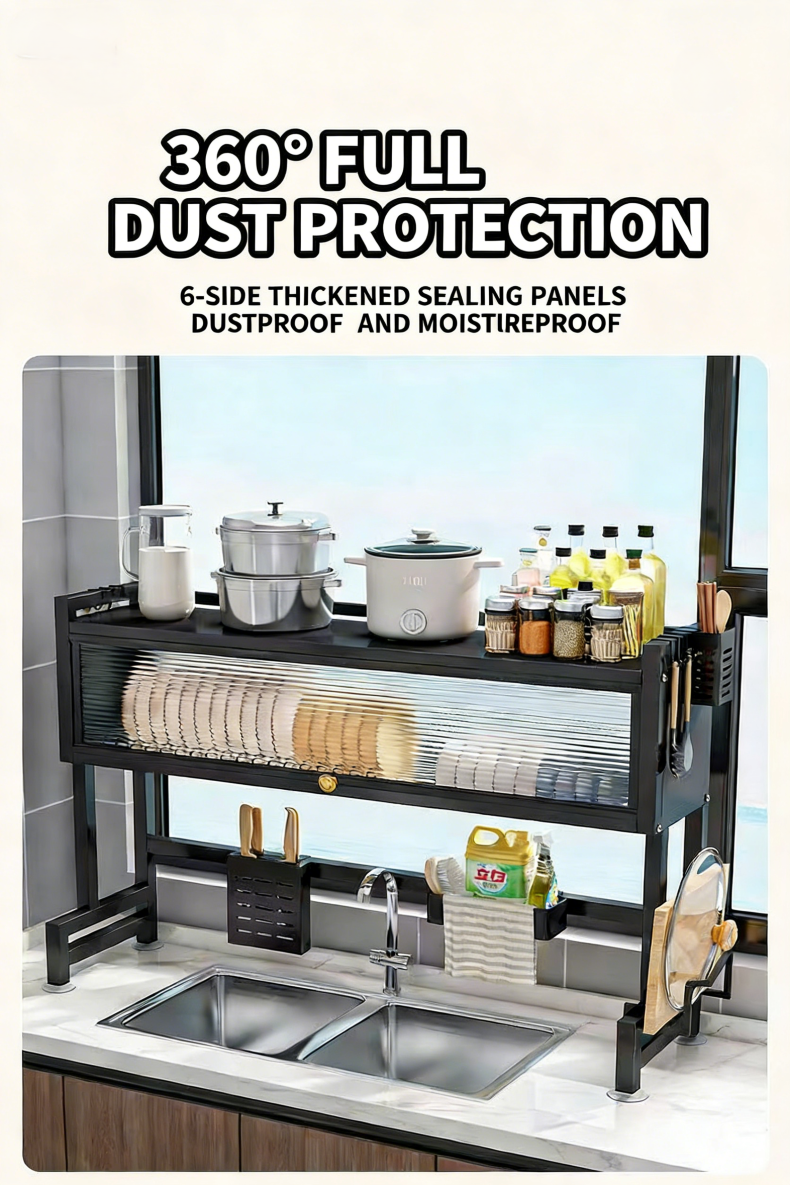 Kitchen Sink Dish Cabinet Rack Dustproof Double Layer Bowl Plate ...