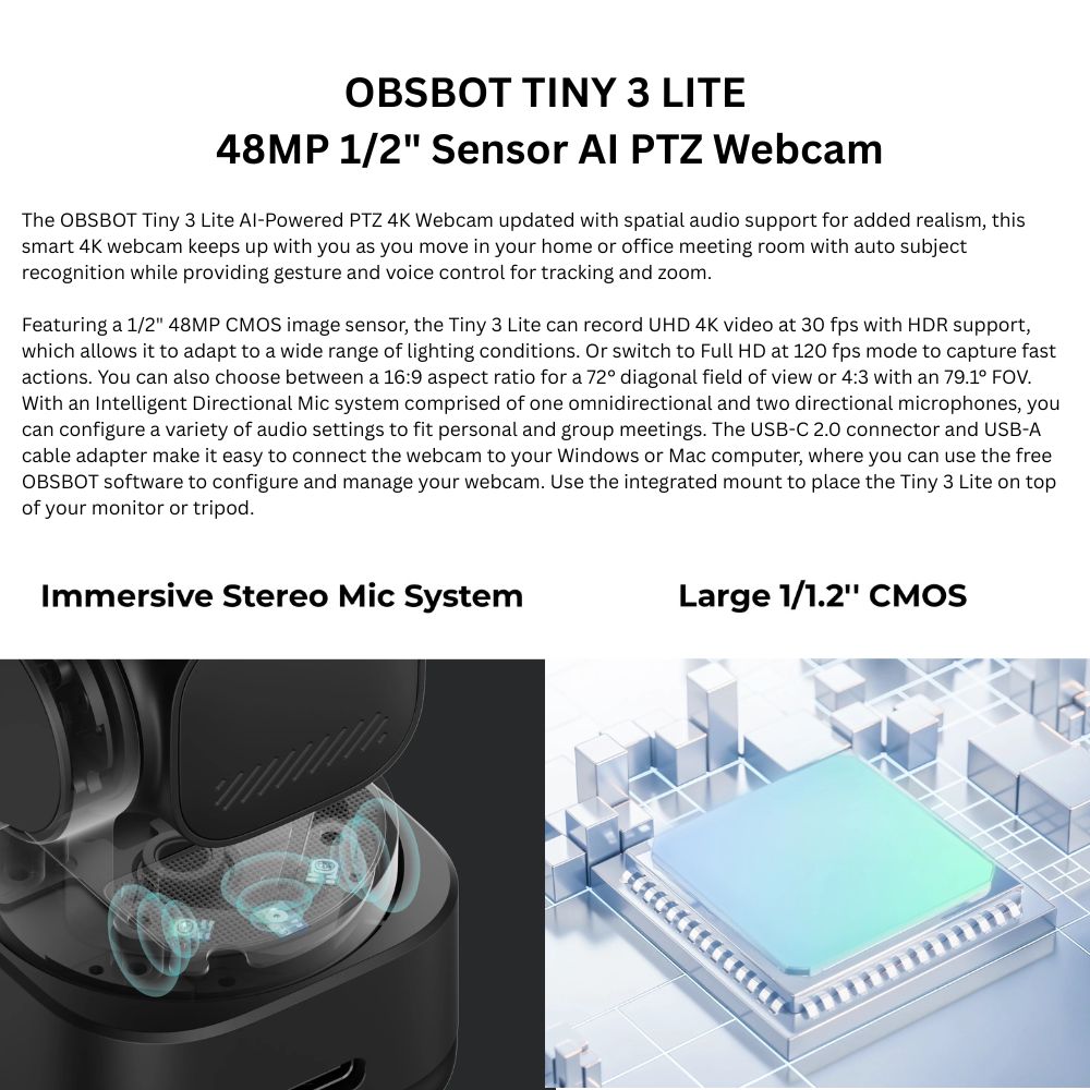 OBSBOT Tiny 3 Lite 4K AI PTZ Webcam, USB 2.0 System Connection, 48MP ...
