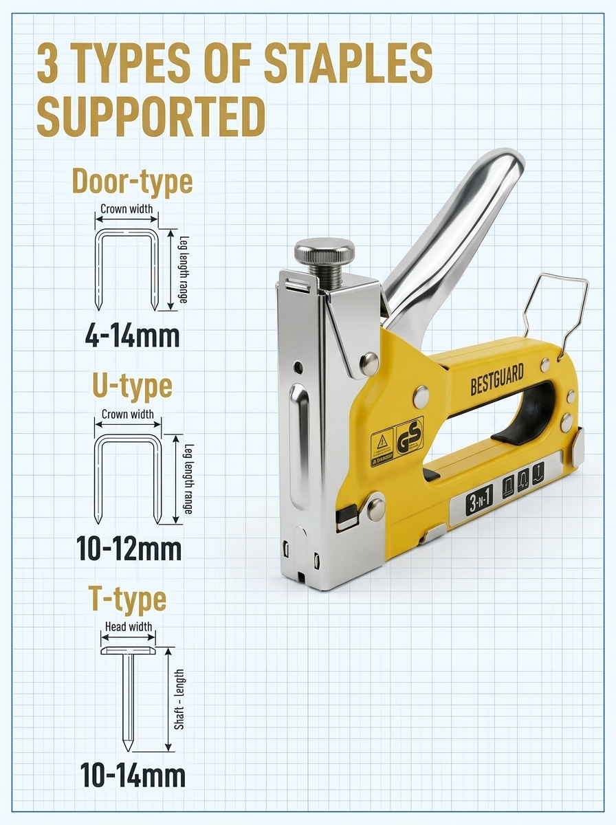 BESTGUARD 3 in 1 Staple Gun Heavy Duty Adjustable 4-14mm for Wood ...