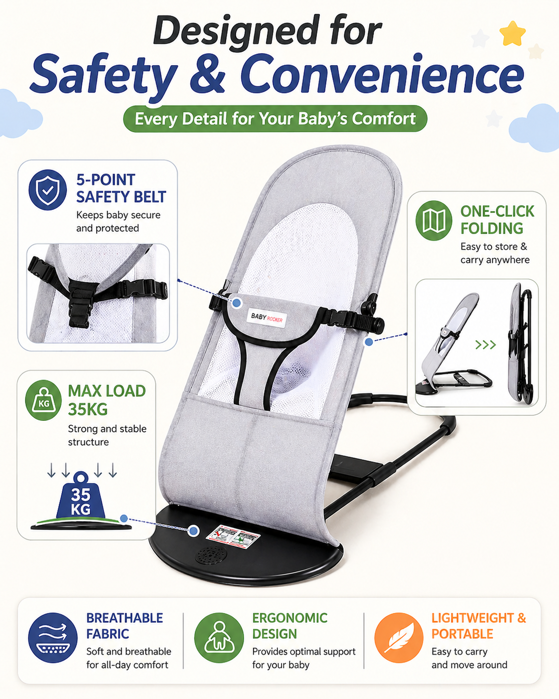 Rocking Chair for Baby Foldable Automatic Swing with Toy Bar Pillow ...