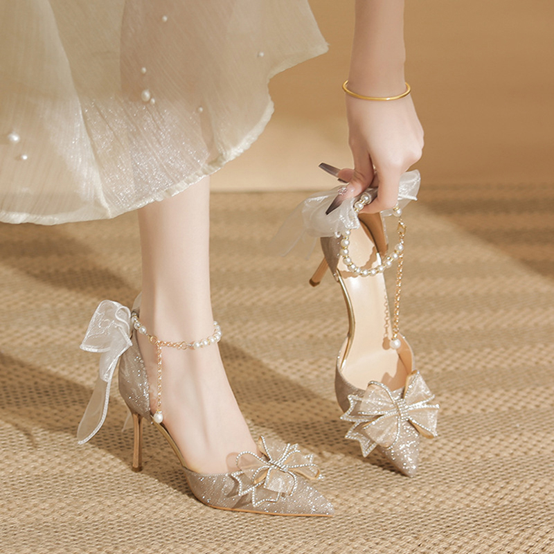 3.1inch Elegant Gold Glitter High Heels for Women Pearl Chain Bow Strap ...