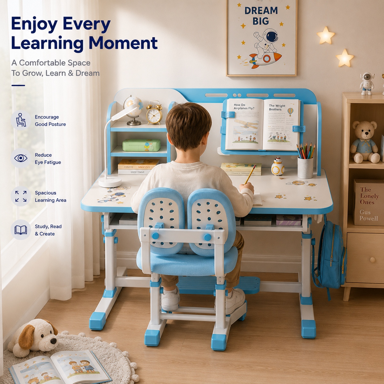 Kids Study Desk and Chair Set Adjustable Height Ergonomic Posture ...