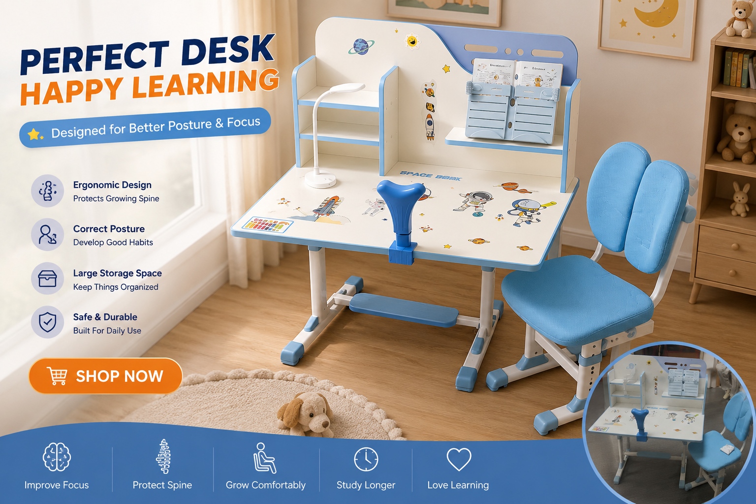 Kids Study Desk and Chair Set Adjustable Height Ergonomic Posture ...