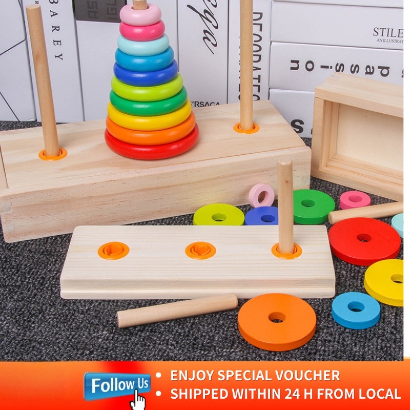 XCORE-8 Rings Tower of Hanoi Learning Wooden Toys 8-story Rainbow Tower ...